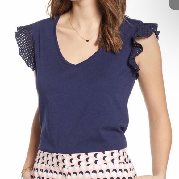 1901 | Tops | 91 Womens Ruffle Sleeve Cotton Blend Top In Navy Blue ...